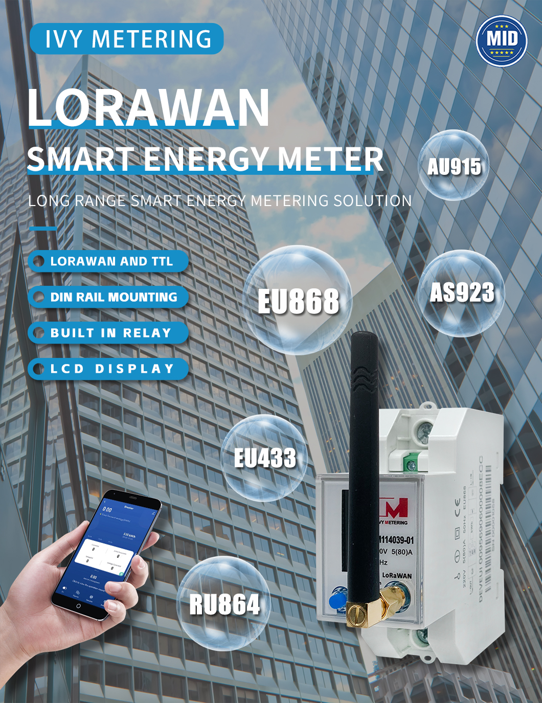 EM114039 Single Phase Modbus Wireless LoRaWAN Smart Electric Energy Meter With MID Approved